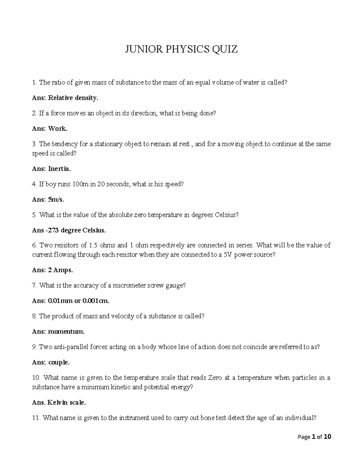 JUNIOR PHYSICS QUIZ 1: Key Concepts and Answers - Studocu