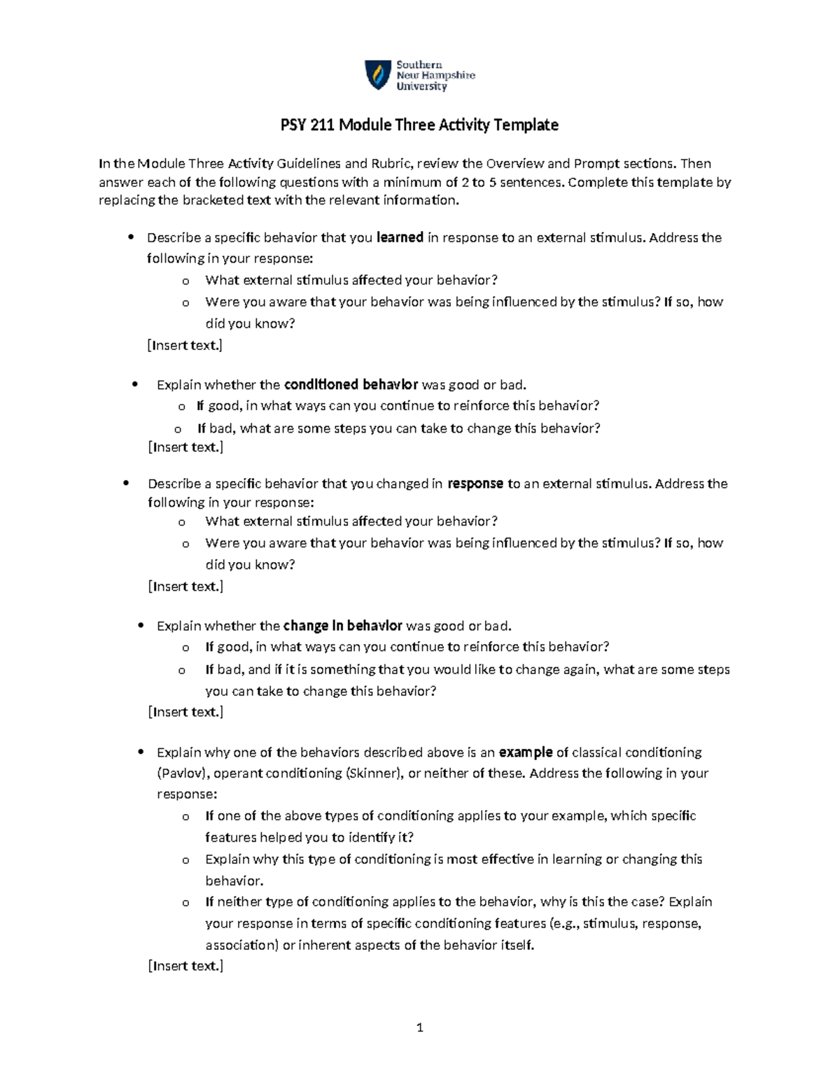 PSY 211 Module Three Activity Template - Then answer each of the ...