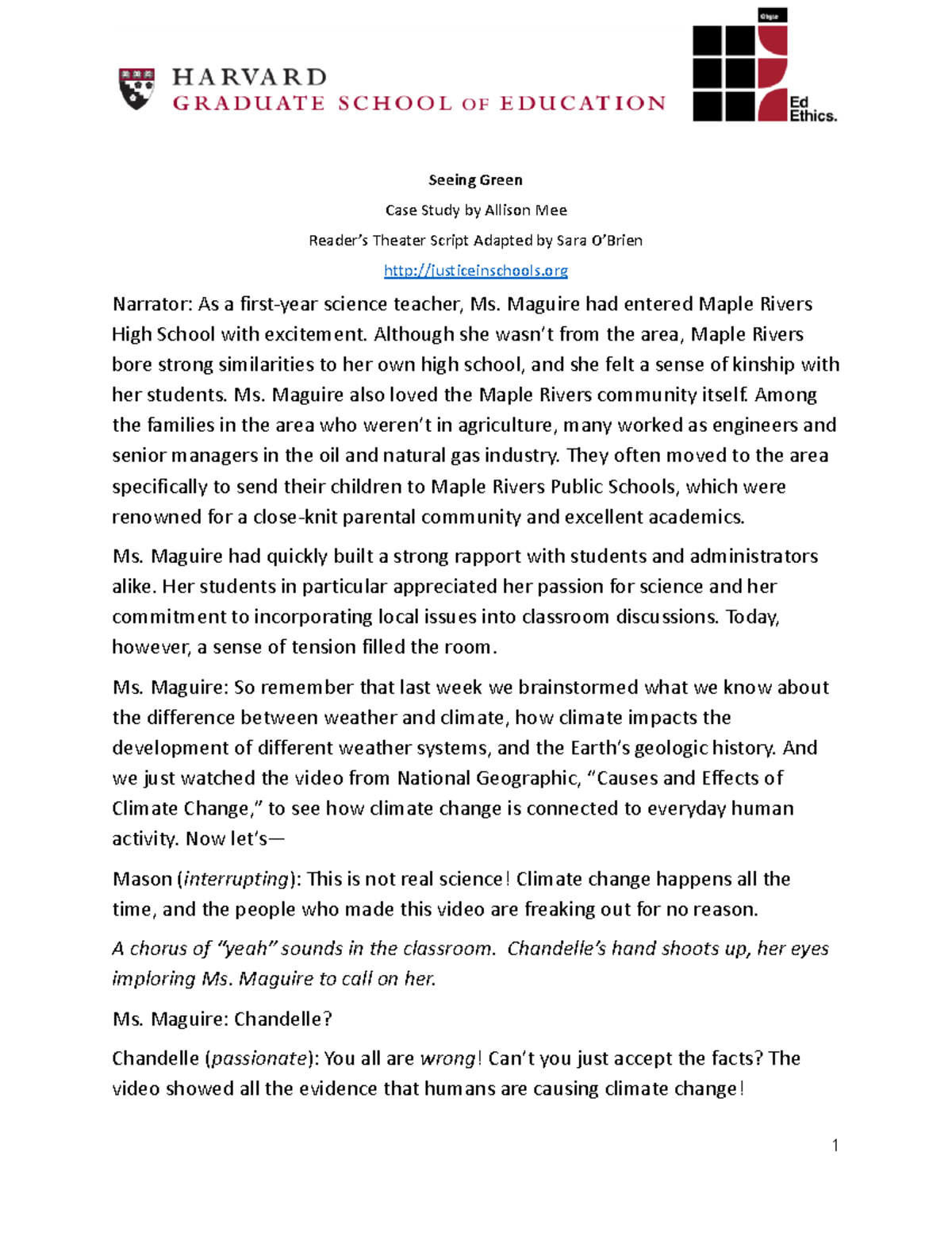 Seeing Green: Readers Theater Script Case Study (EDU 101) - Studocu