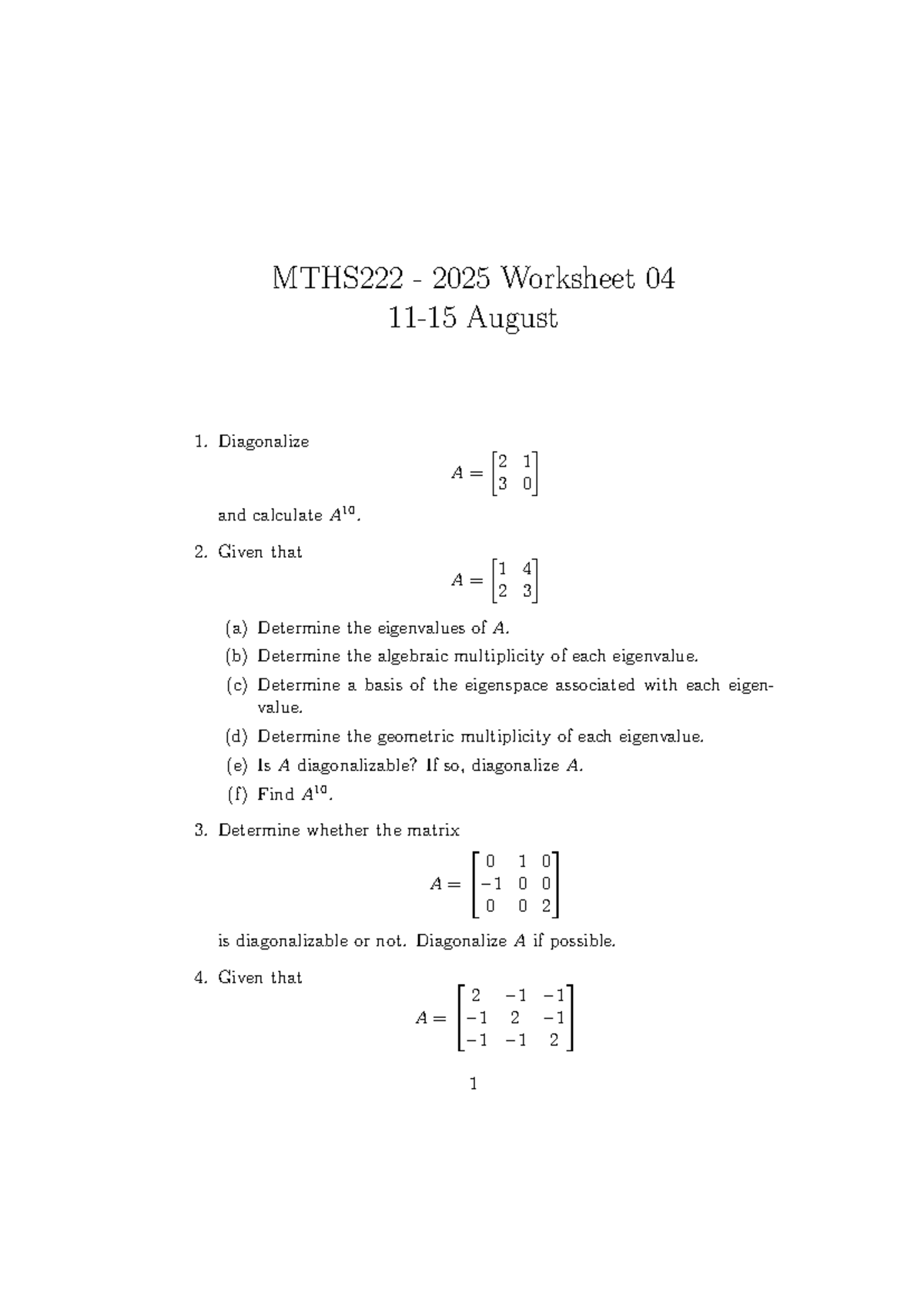 MTHS222-2025 Worksheet 04: Diagonalization and Eigenvalue Problems - Studocu