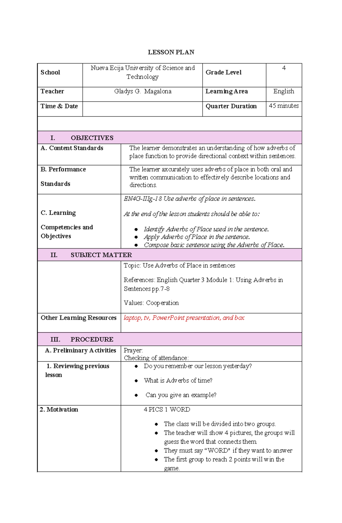 LESSON PLAN: Adverbs of Place for English Grade 4 - Studocu