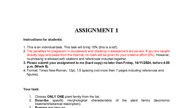 Plant Family Taxonomy Assignment 1: Morphological Characteristics and ...
