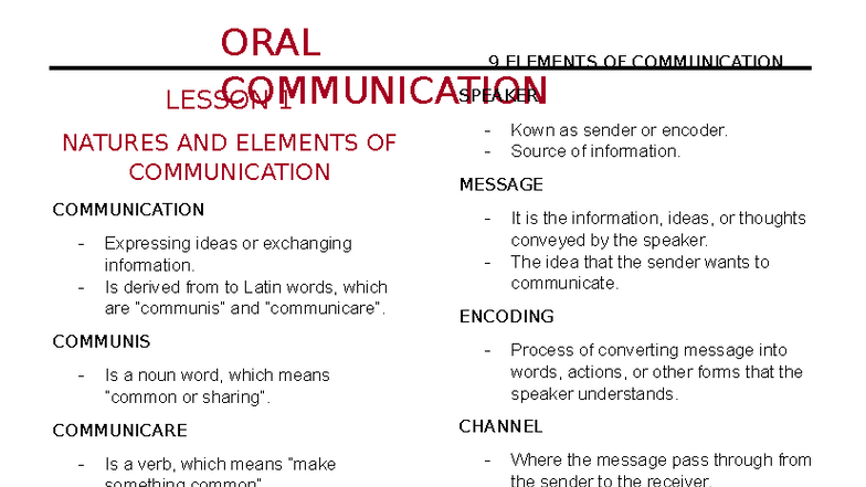 ORAL-COMM- Lesson 1: Elements of Communication Overview - Studocu