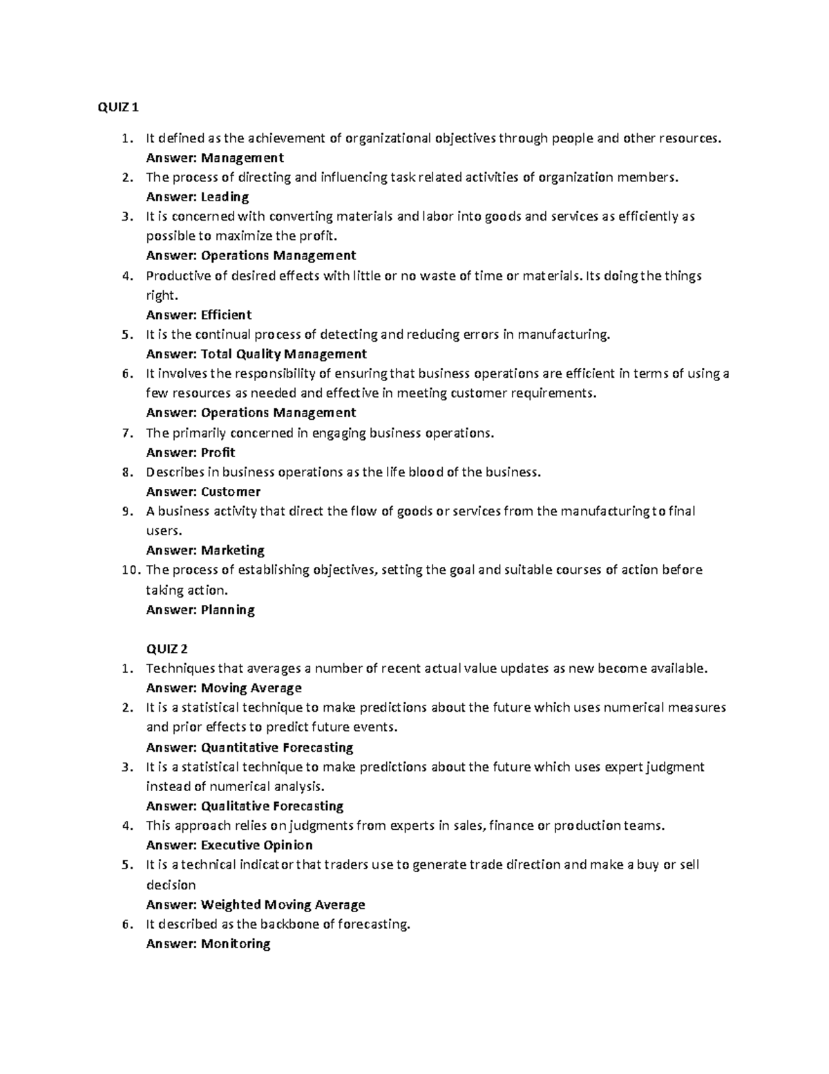 Operations Management Quiz Collection with TQM Concepts - Studocu