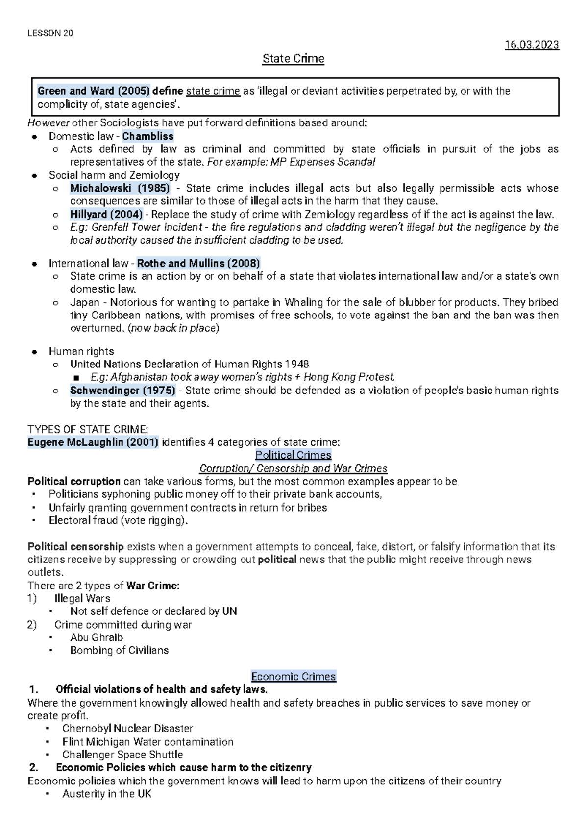 State Crime Lesson 20: Definitions, Types, and Explanations - Studocu