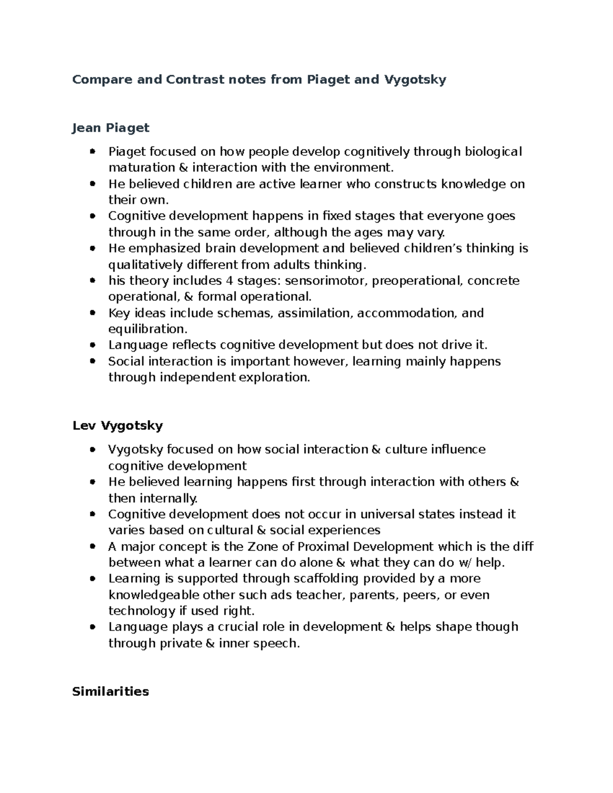 Compare and Contrast: Piaget vs. Vygotsky Notes - Studocu