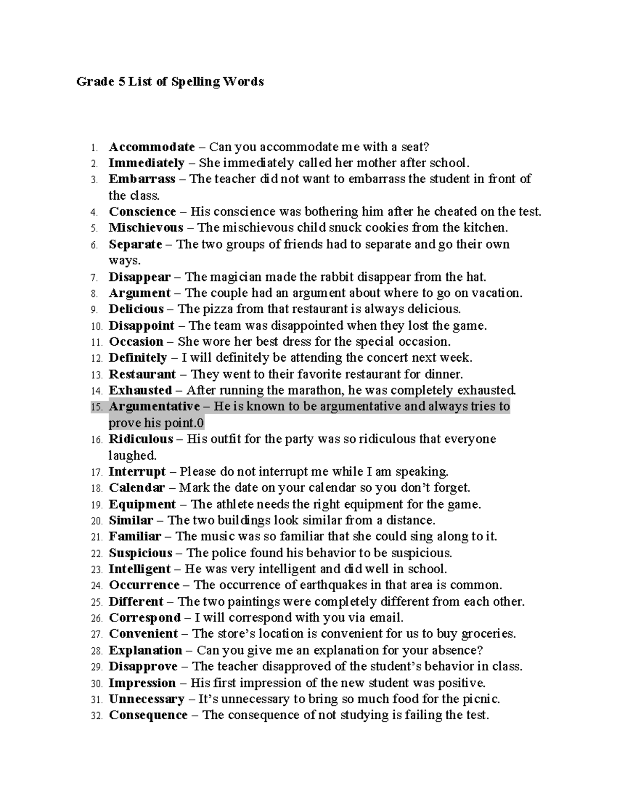 Grade 5 Spelling Words List for Vocabulary Mastery - Studocu