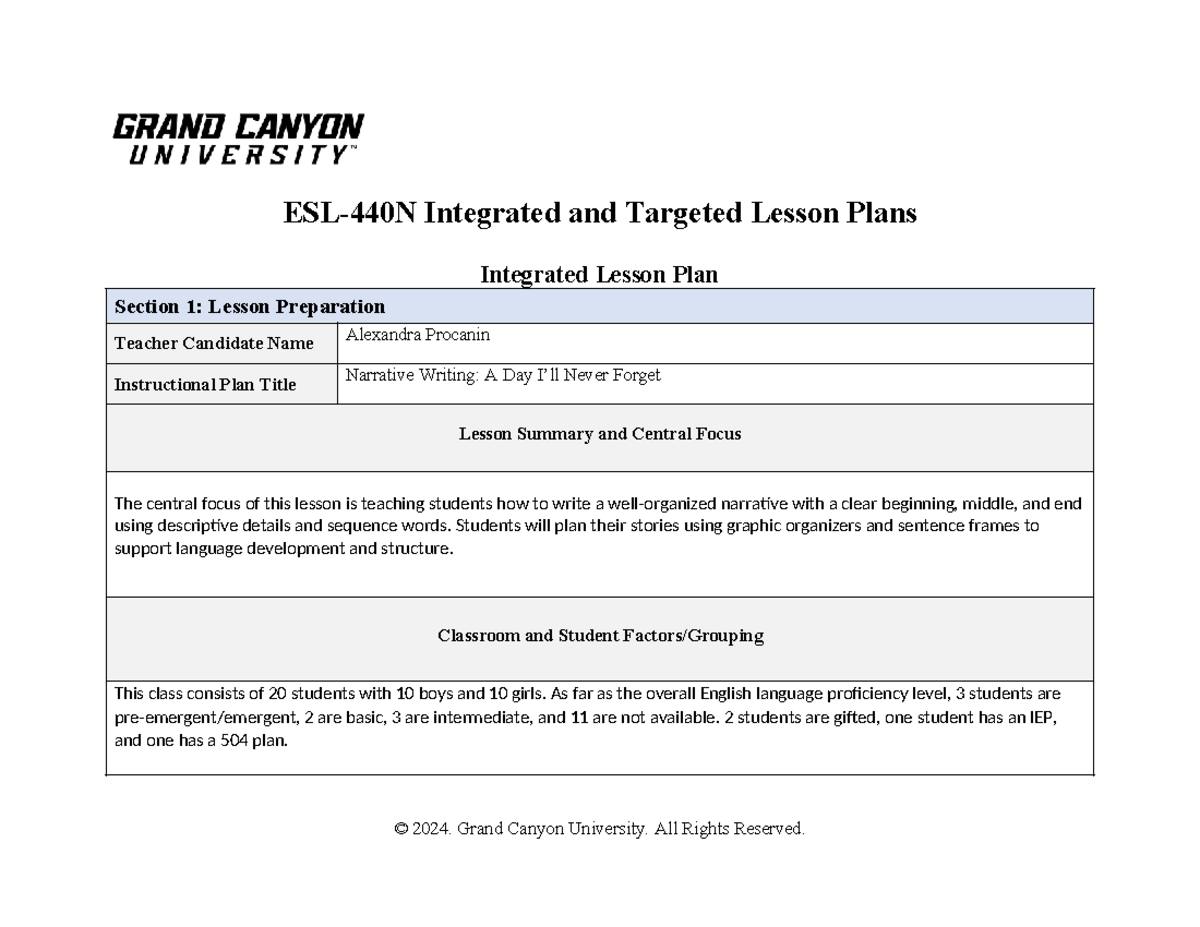 GCU ELA 3: Integrated Lesson Plan for Narrative Writing - Studocu