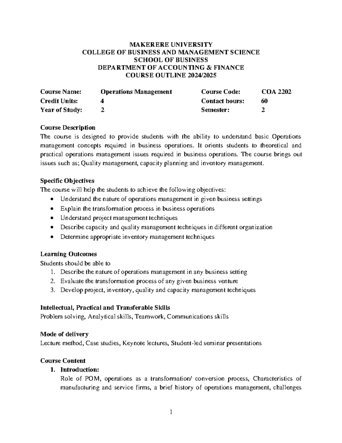 COA 2202 Course Outline: Operations Management 2024-2025 - Studocu