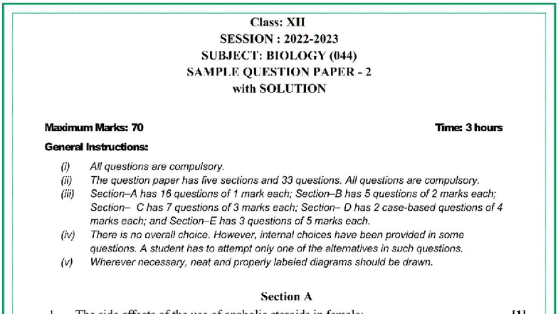 Biology Class XII (044) Sample Question Paper 2 with Solutions - Studocu