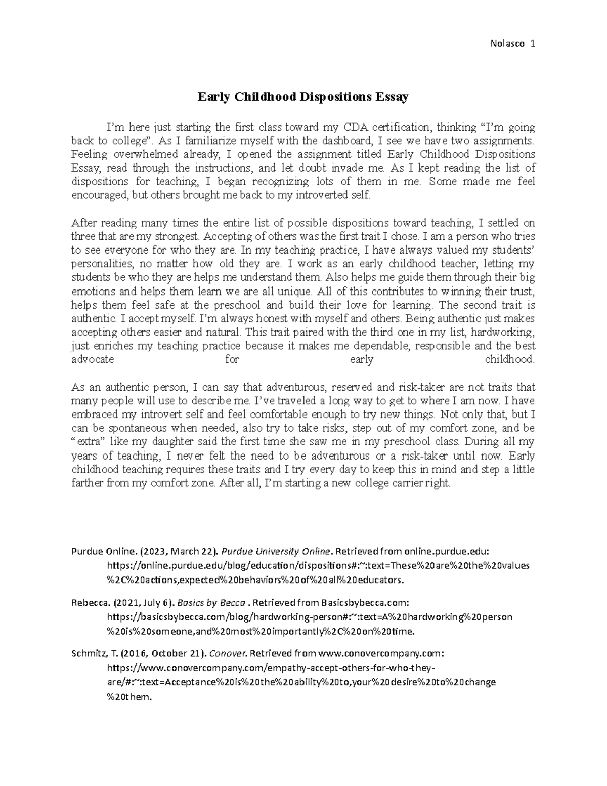 Dispositions toward teaching - Nolasco 1 Early Childhood Dispositions ...