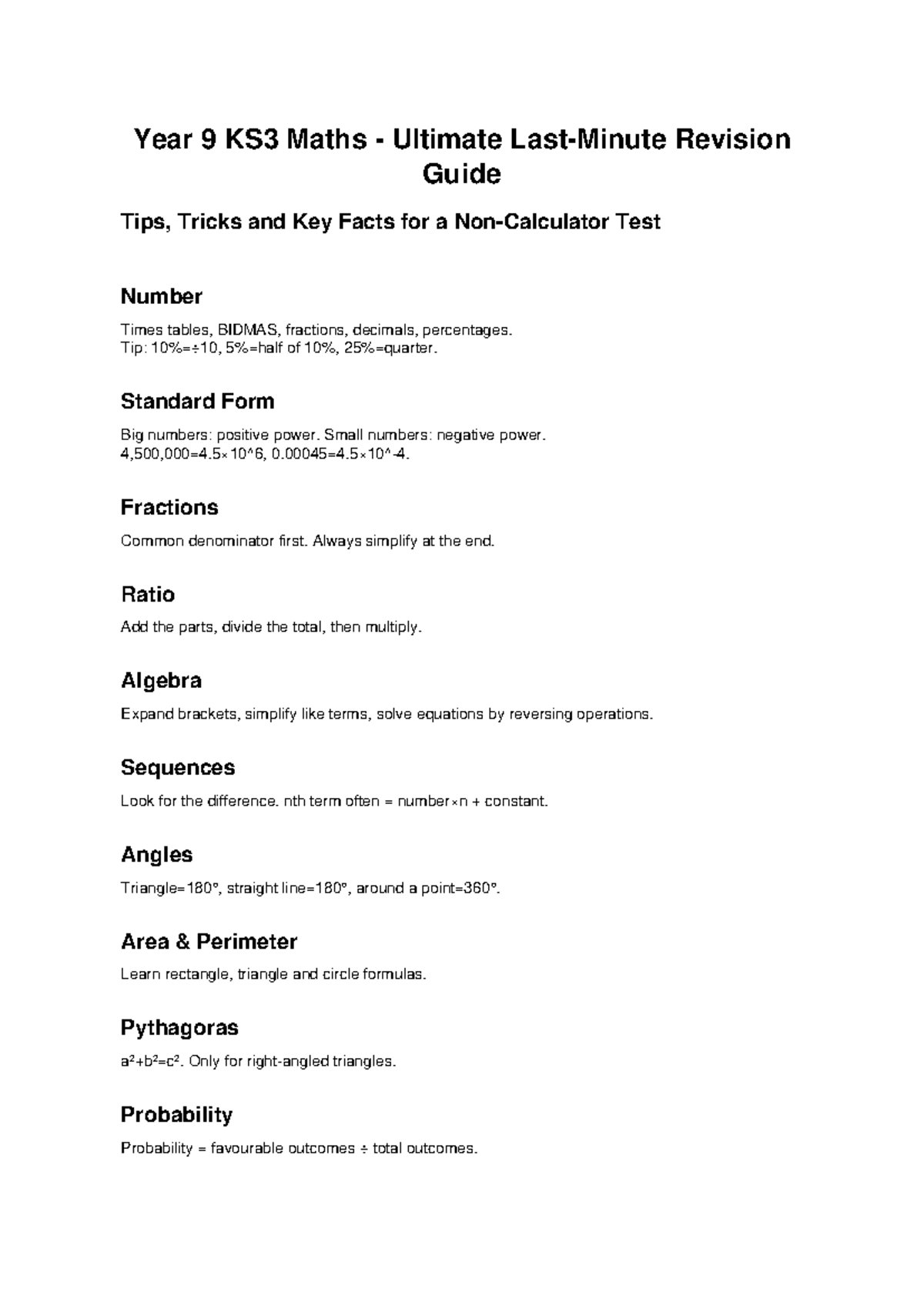 Year 9 KS3 Maths Ultimate Revision Guide: Tips & Key Facts - Studocu