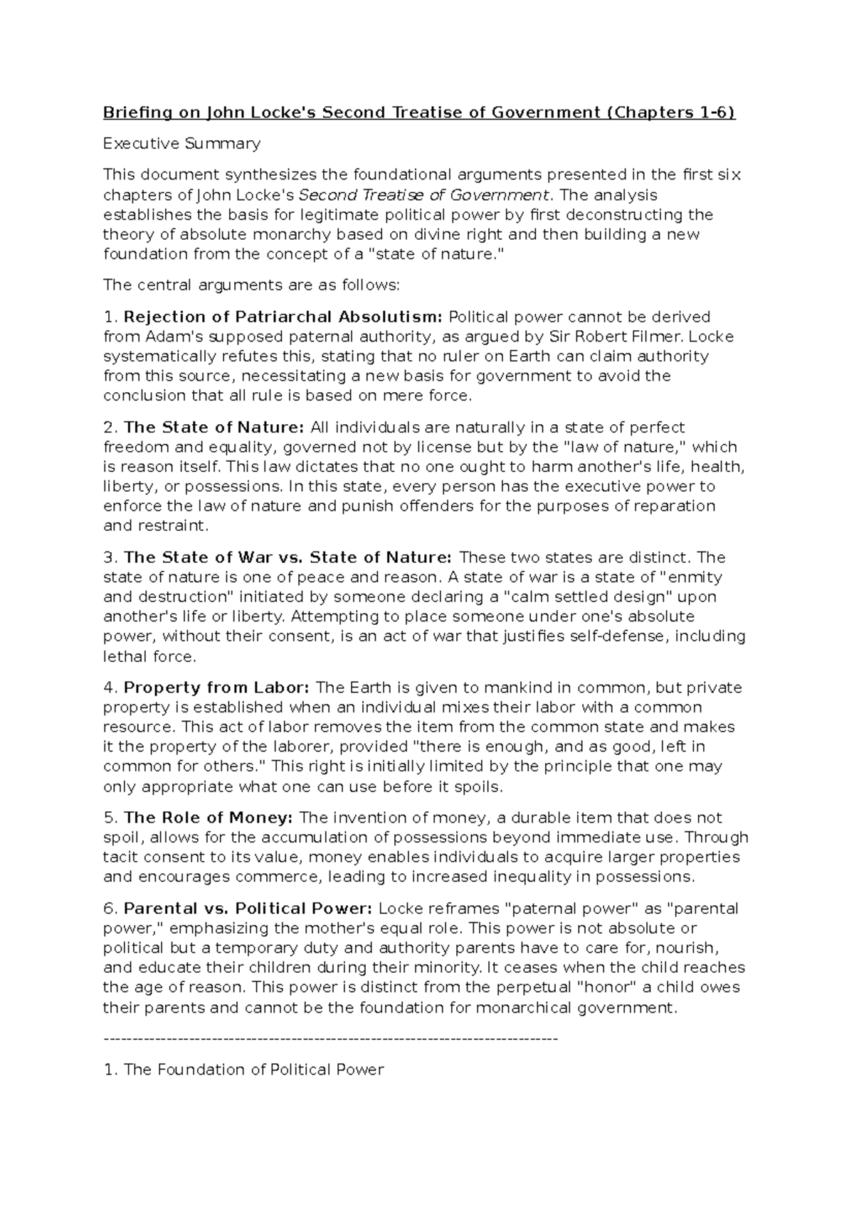 Briefing on John Locke's Second Treatise of Government (Chapters 1-6 ...