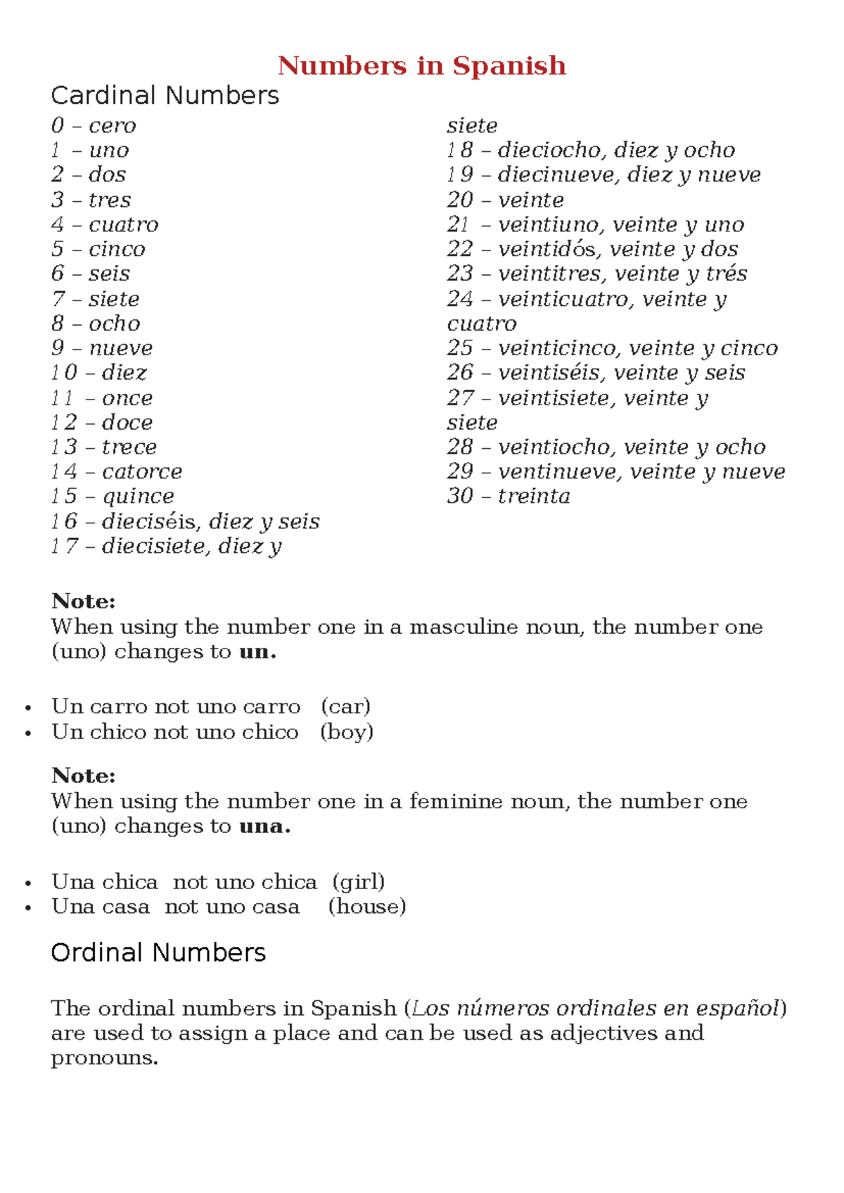 Numbers in Spanish: Cardinal & Ordinal Overview - Studocu