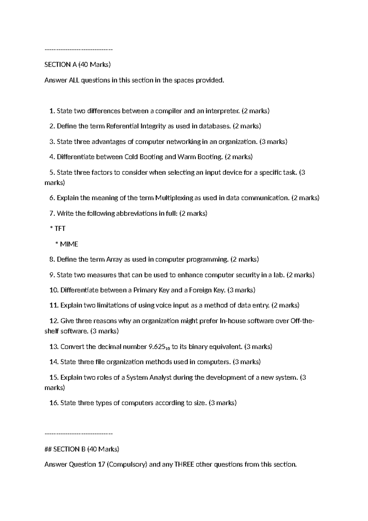 Form 4 KCSE Format - Computer Studies Exam Questions (40 Marks) - Studocu