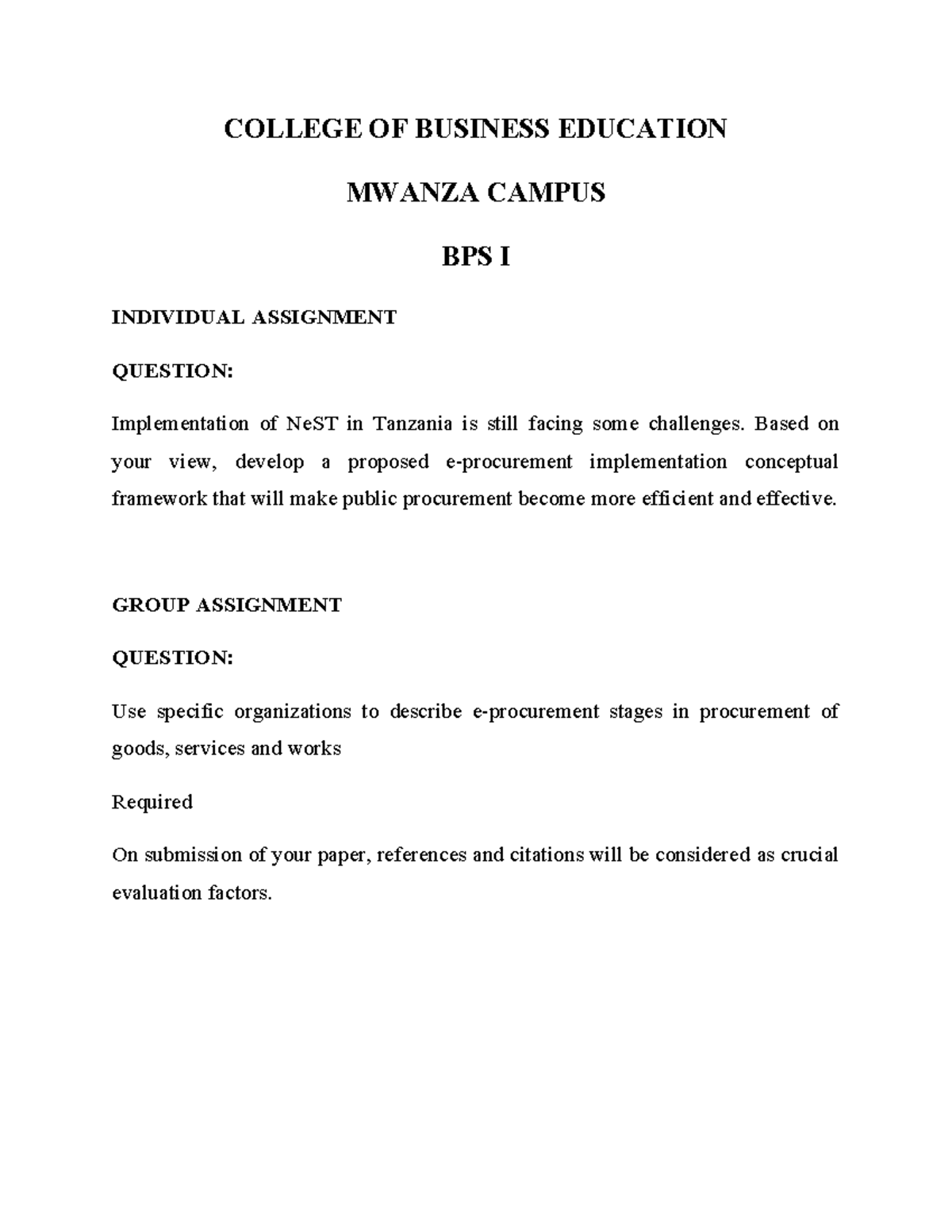 Assignment BPS 1 - Good for reading - COLLEGE OF BUSINESS EDUCATION ...