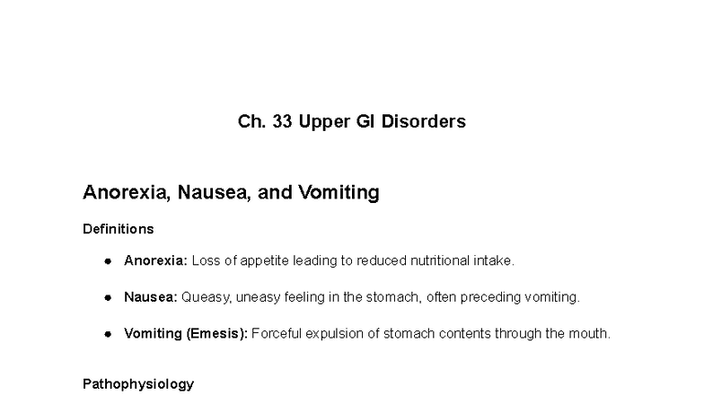Ch. 33 Upper GI Disorders: Anorexia, Nausea, and Vomiting Notes - Studocu