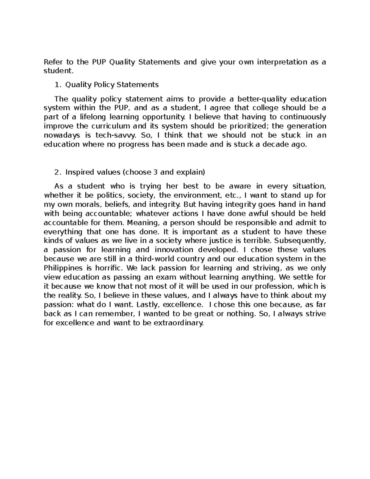 CWTS 002 - CWTS - Refer to the PUP Quality Statements and give your own ...