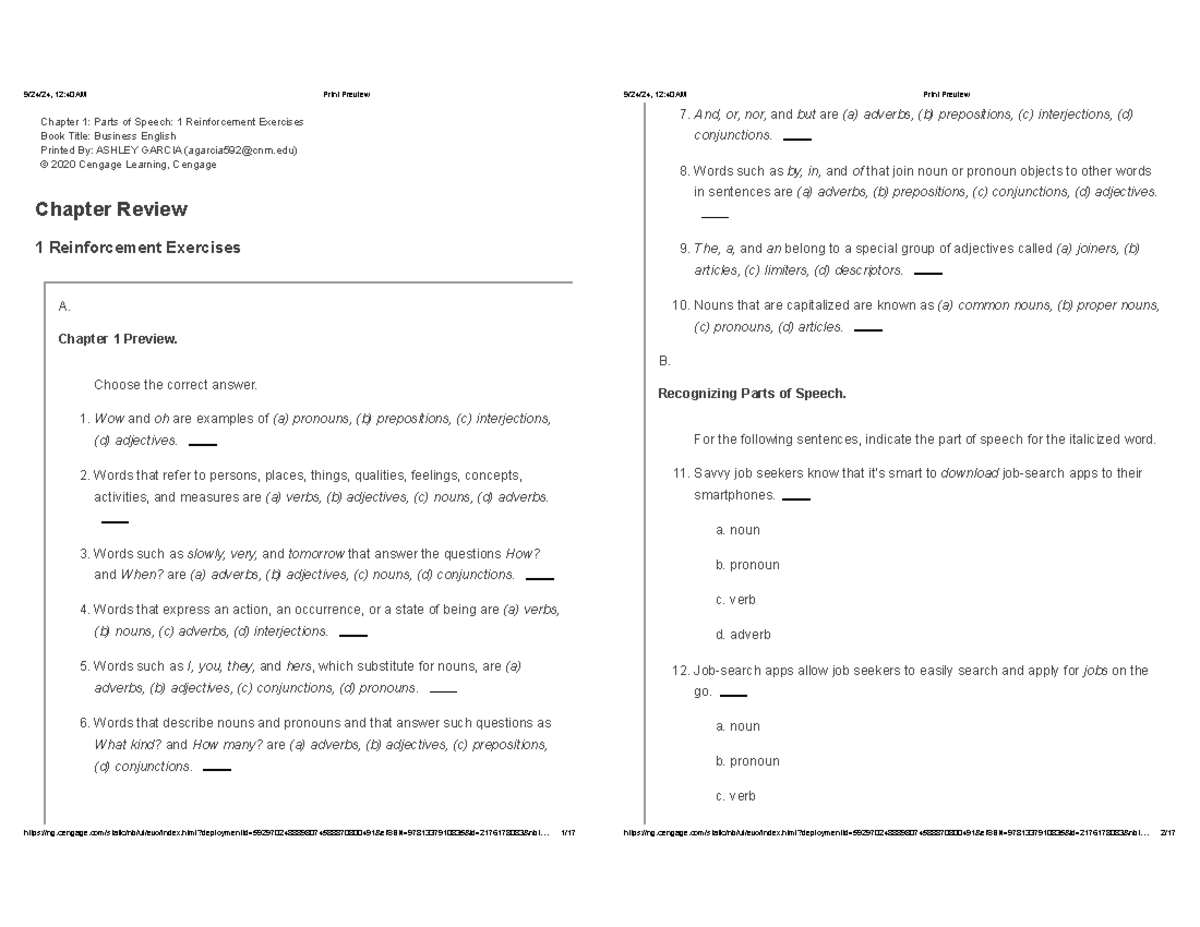 Chapter 1: Parts of Speech Reinforcement Quiz (BUSINESS 101) - Studocu