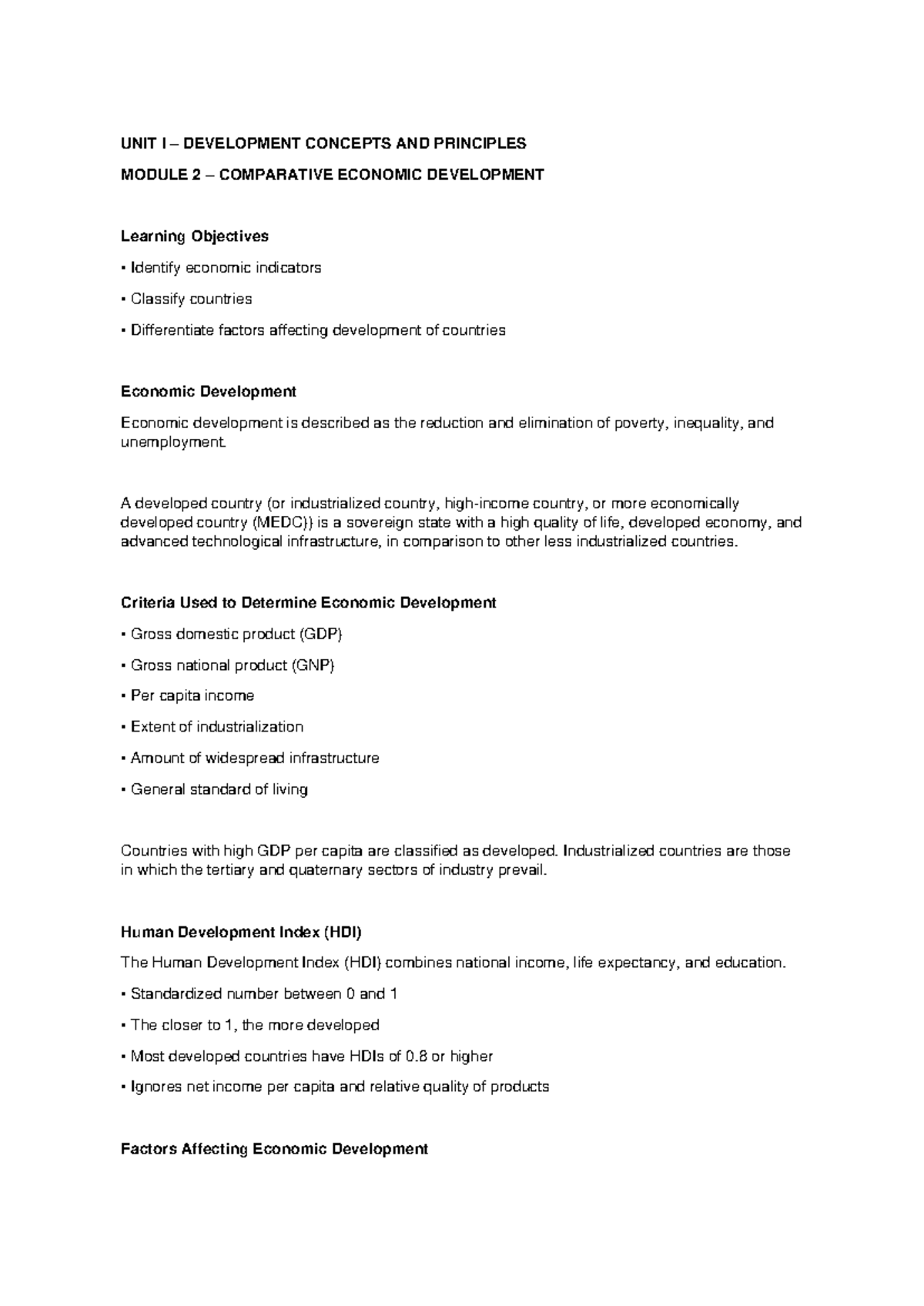 UNIT I: Module 2 Reviewer on Comparative Economic Development - Studocu