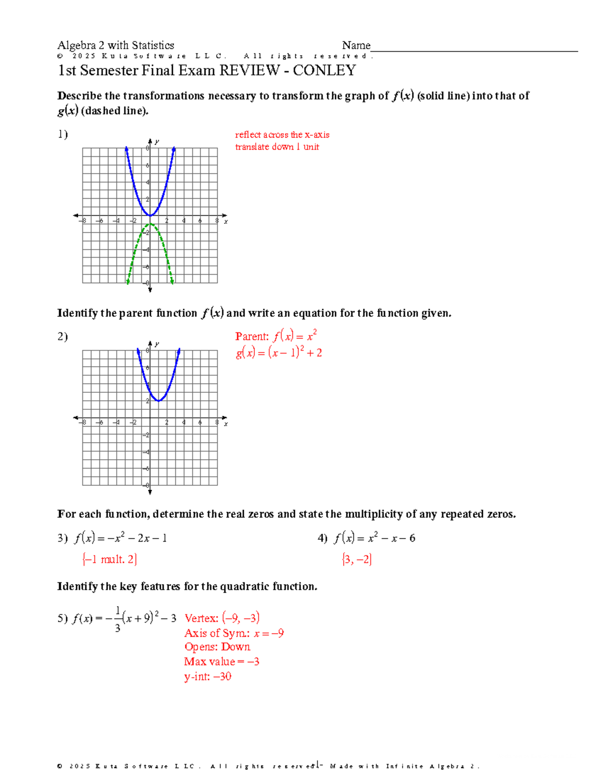 2025 Algebra 2 (V2i0F2i5y) 1st Sem Final Exam Review - Answer Key - Studocu