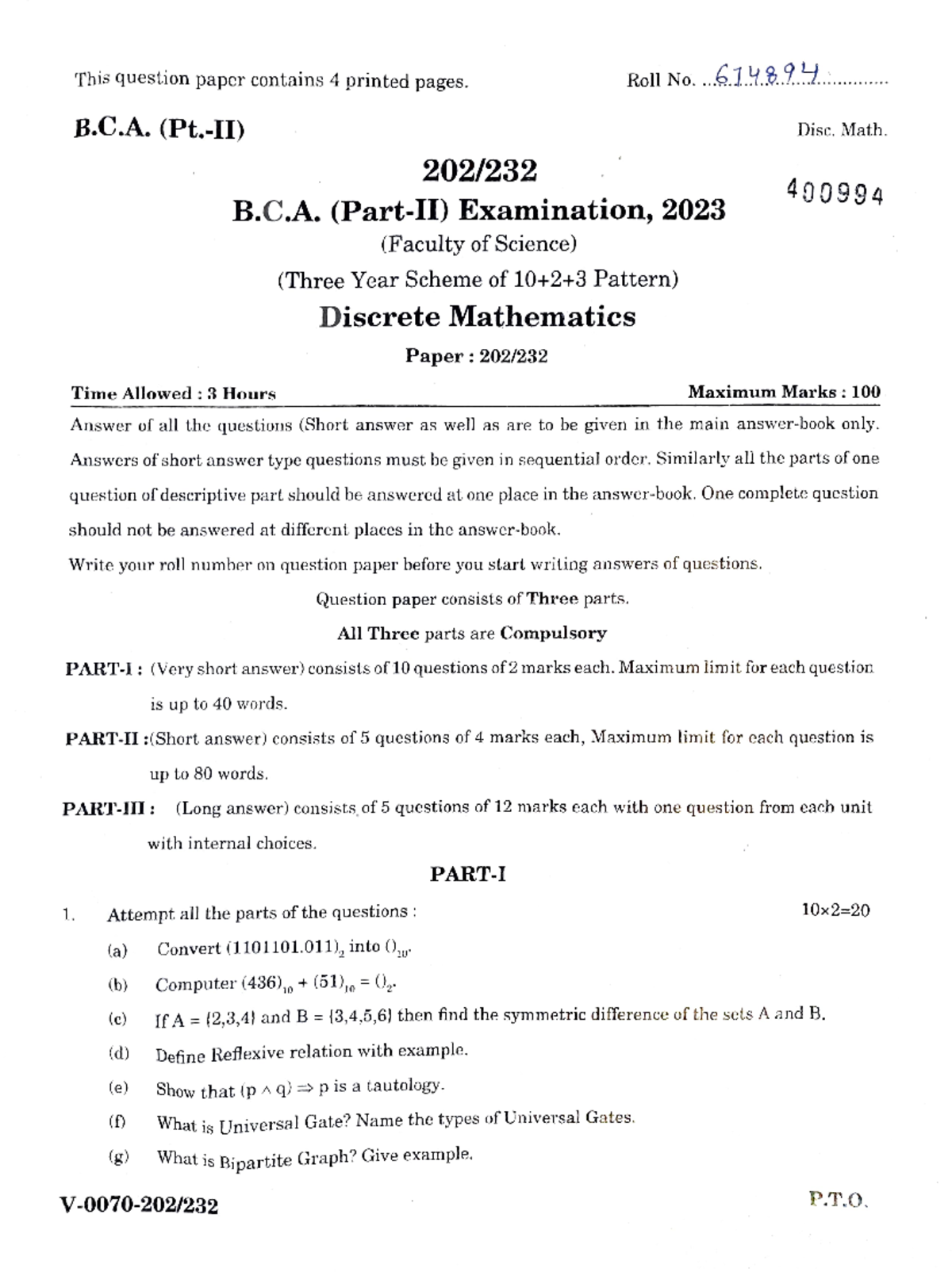 B.C.A. Part II Discrete Mathematics Exam Paper 2023 - Studocu
