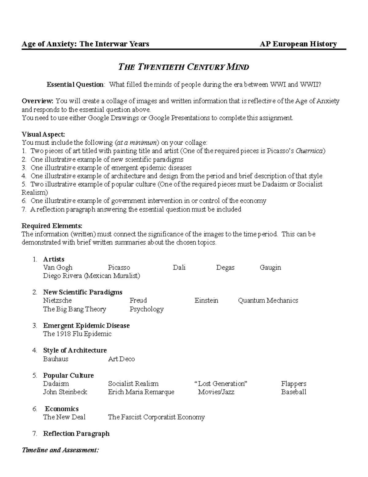 Age of Anxiety outline and project - Age of Anxiety: The Interwar Years ...