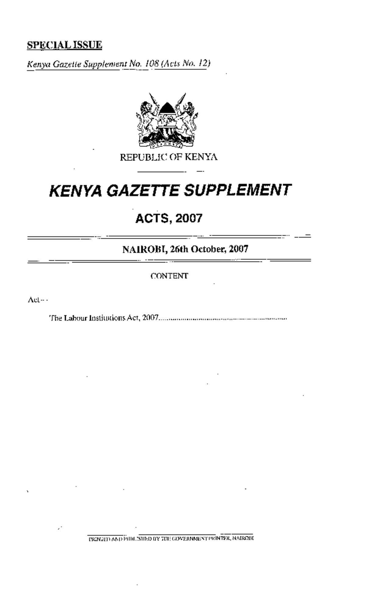 Labour Institutions Act, 2007: Comprehensive Overview and Provisions ...