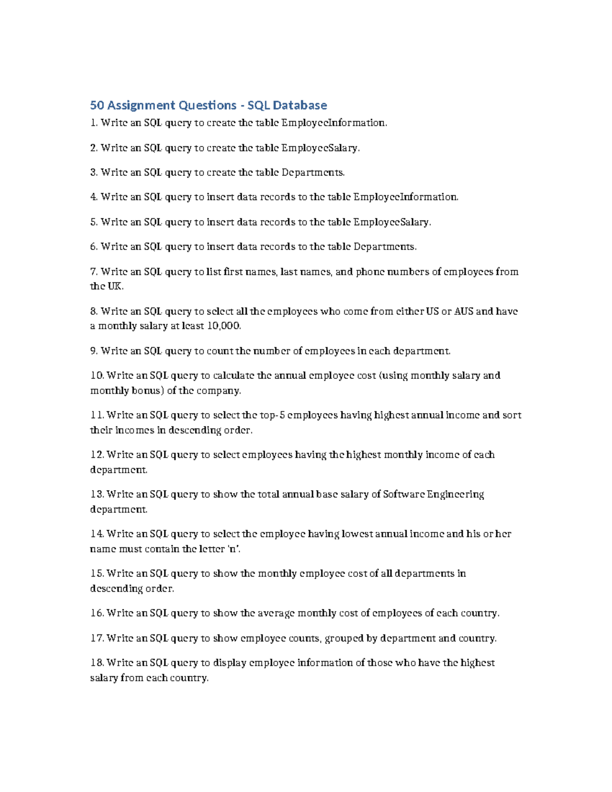 SQL 50 Questions for Database 1 Assignment - Studocu