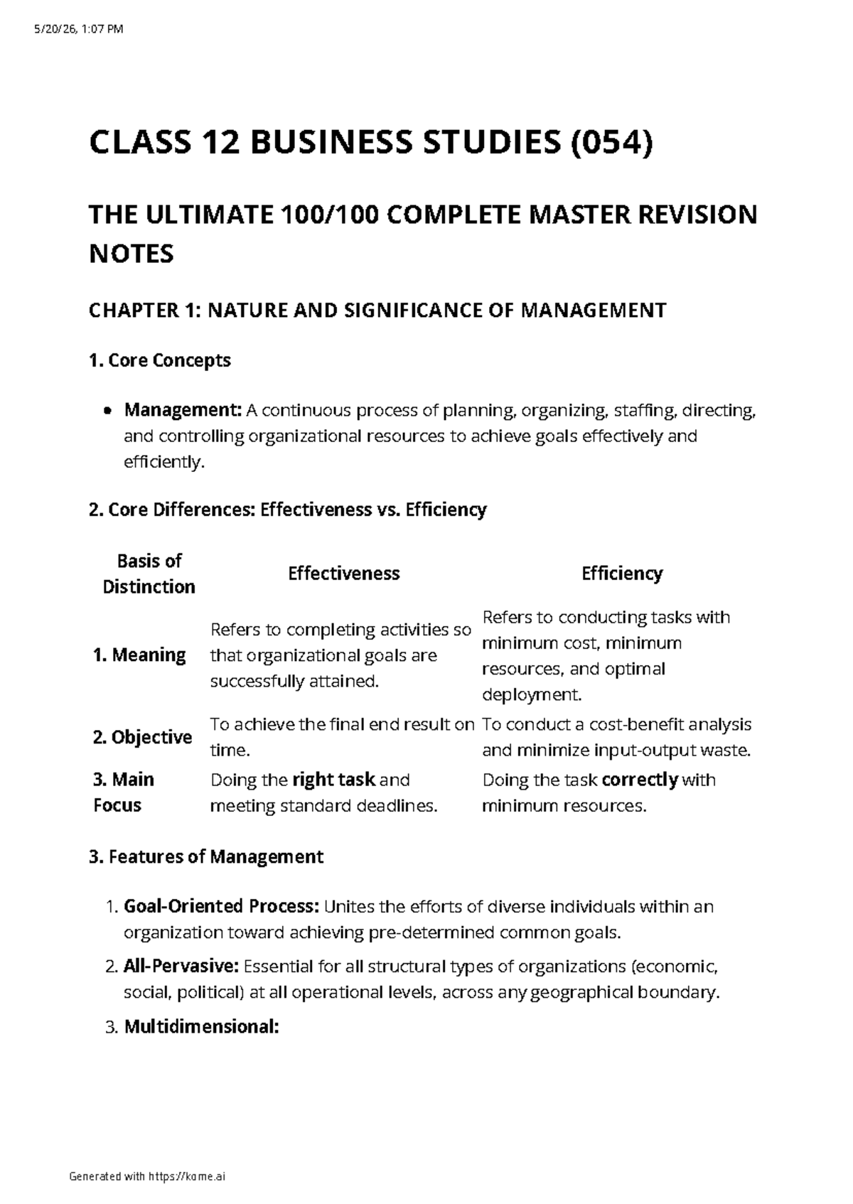 CLASS 12 BUSINESS STUDIES (054) MASTER REVISION NOTES: MANAGEMENT ...