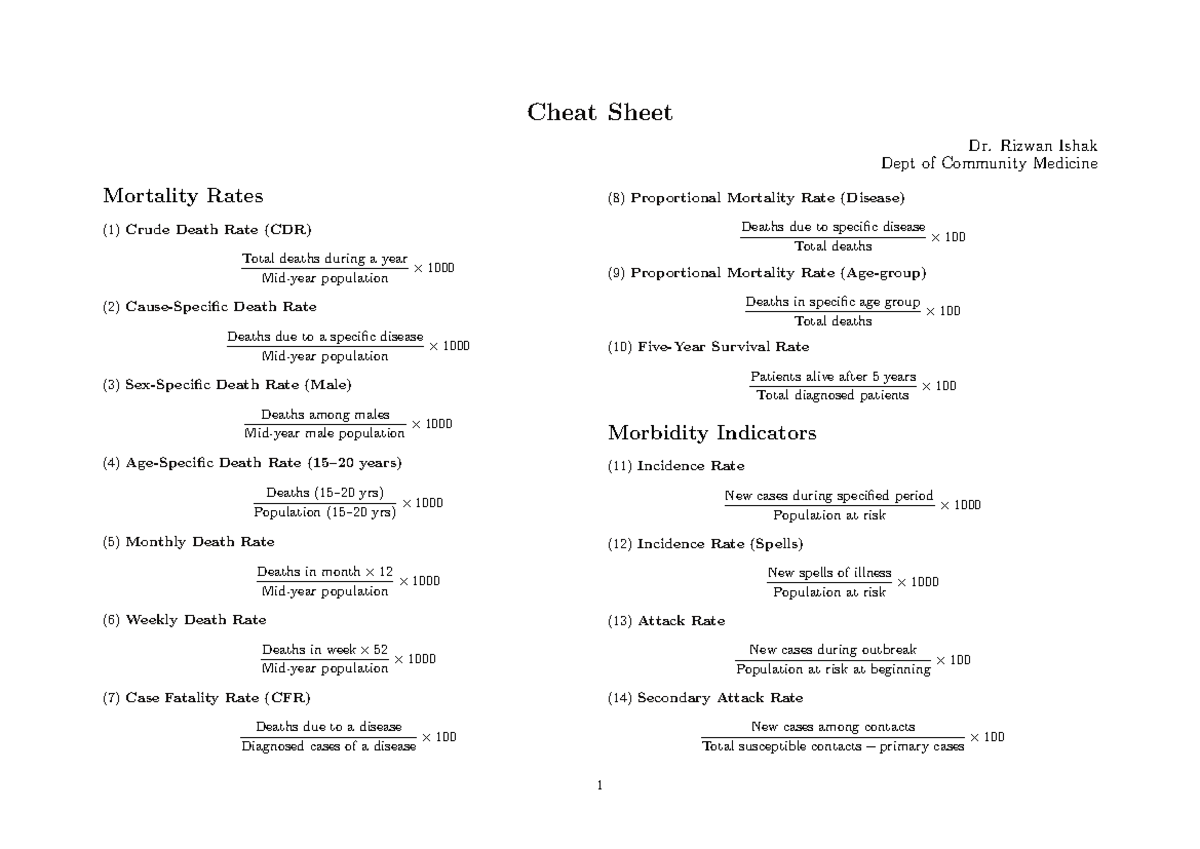 Biostatistics Cheat Sheet: Key Formulas for PSM (Mortality Rates) - Studocu