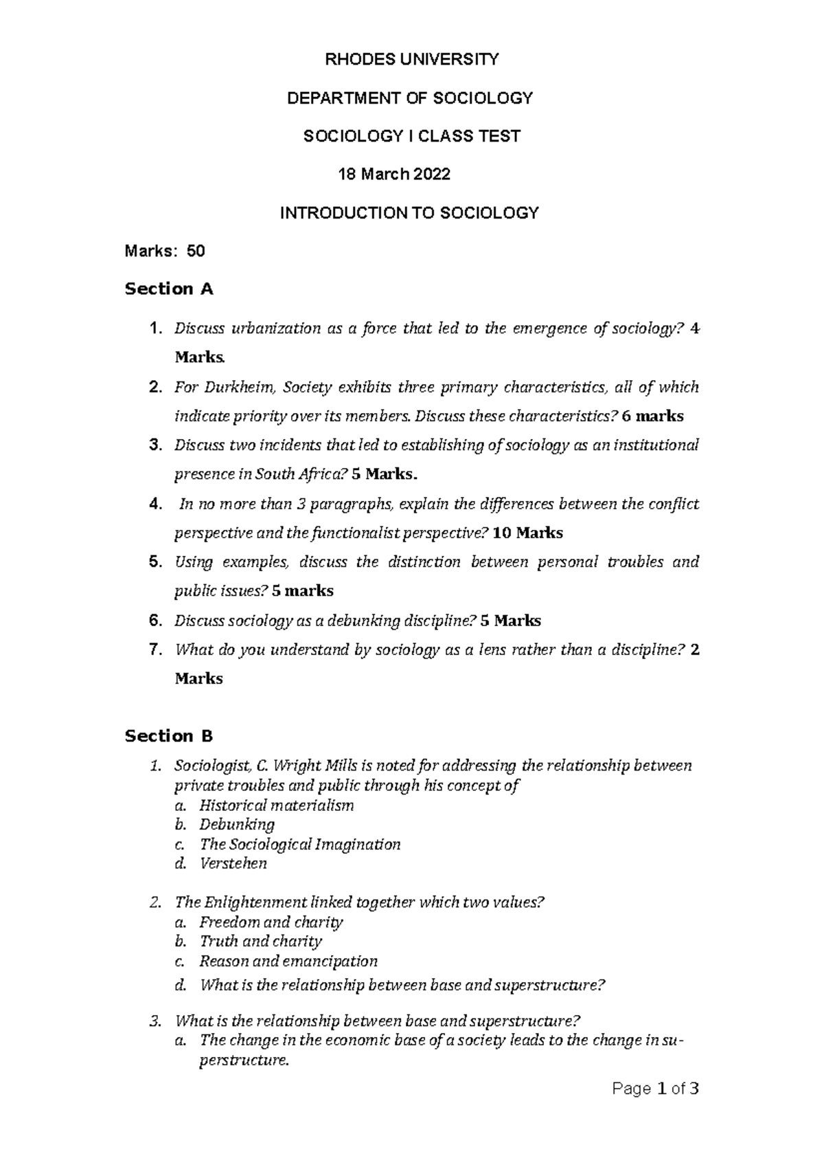 SOCIOL 101 Class TEST - 18 March 2022 at Rhodes University - Studocu