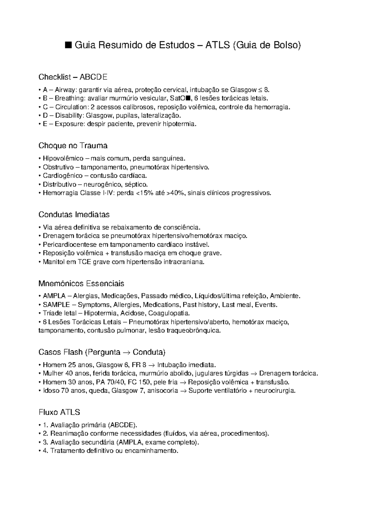 ATLS Resumido: Guia de Bolso e Checklist ABCDE - Studocu
