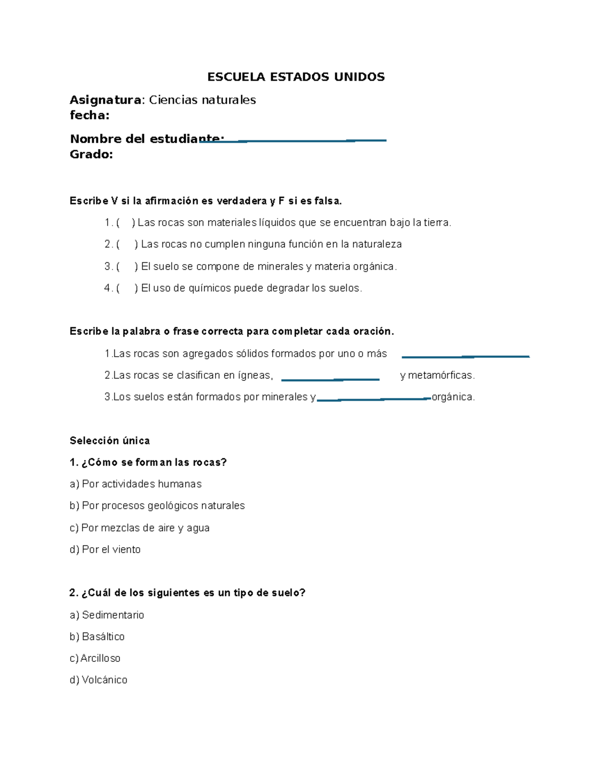 Ciencias Naturales: Evaluación de Verdadero o Falso y Selección ...