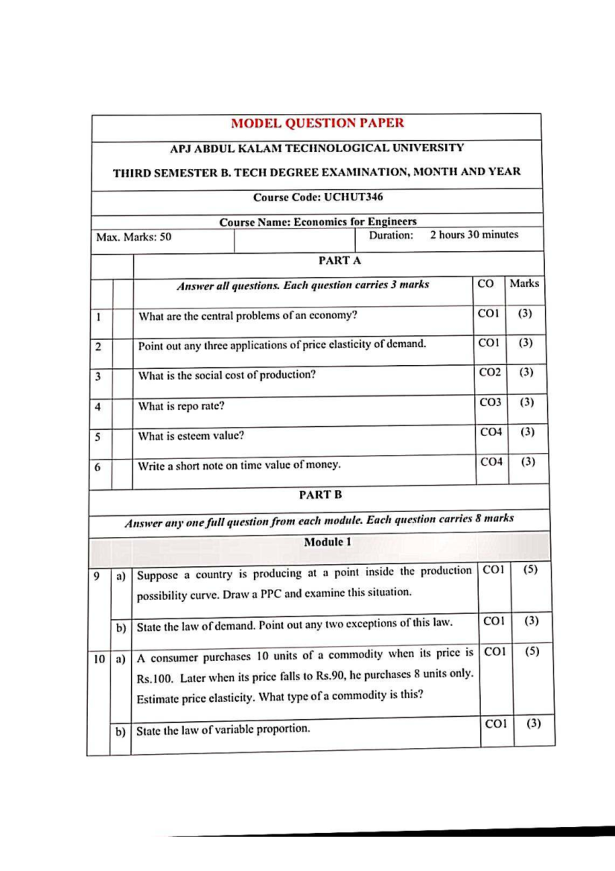 Economics Model Question Paper UCHUT346 - B. Tech 3rd Sem Exam - Studocu