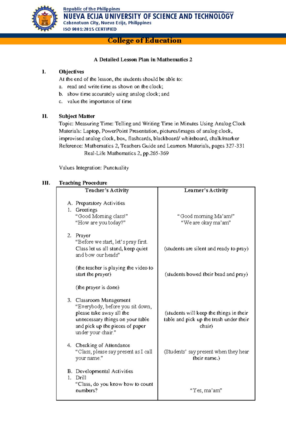 Grade 2 - Math 2 Lesson Plan: Telling Time with Analog Clocks - Studocu