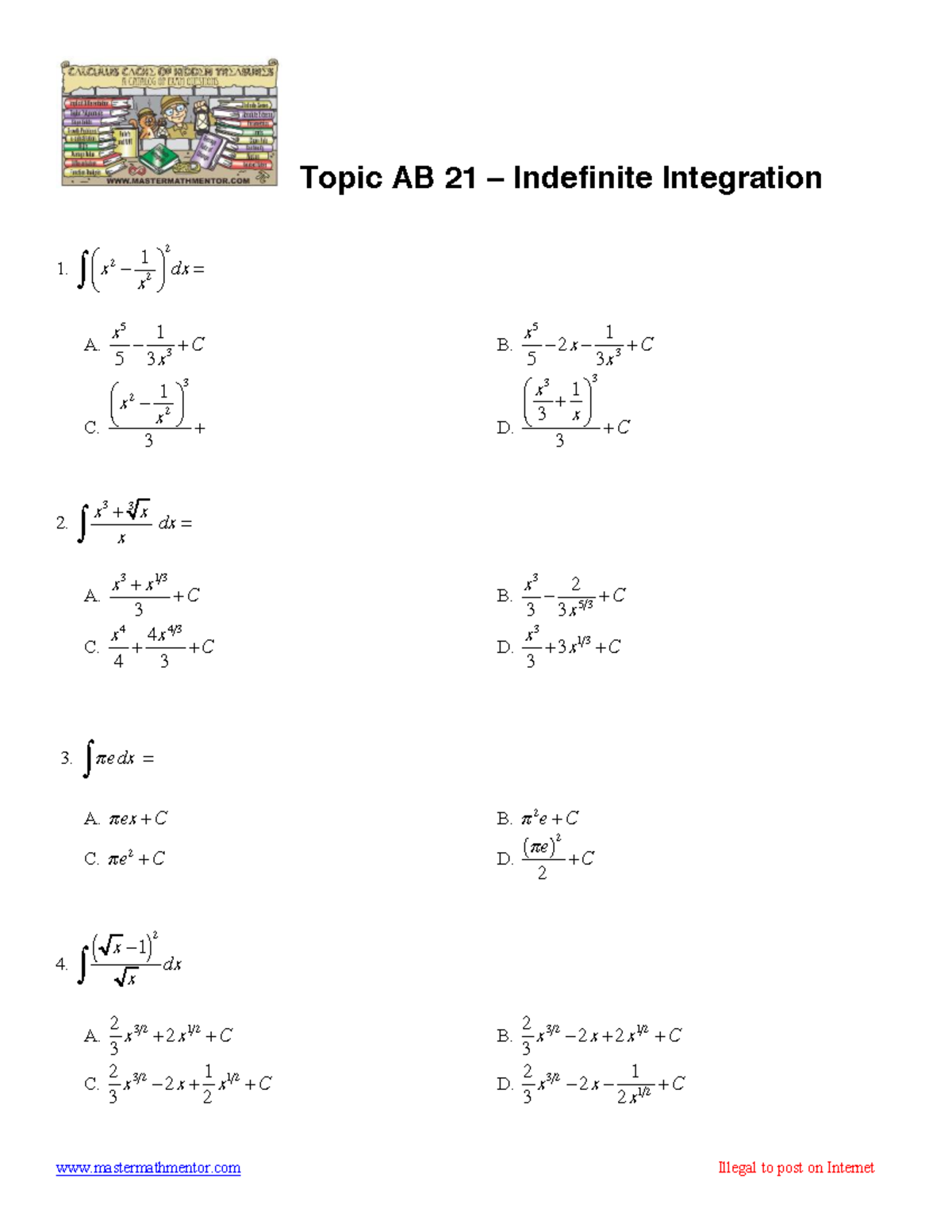 Topic AB 21 – Indefinite Integration Practice Problems - Studocu