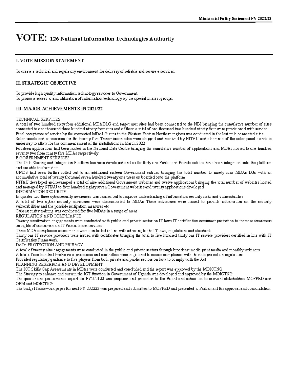 Ministerial Policy Statement FY VOTE: 126 on National IT Authority ...