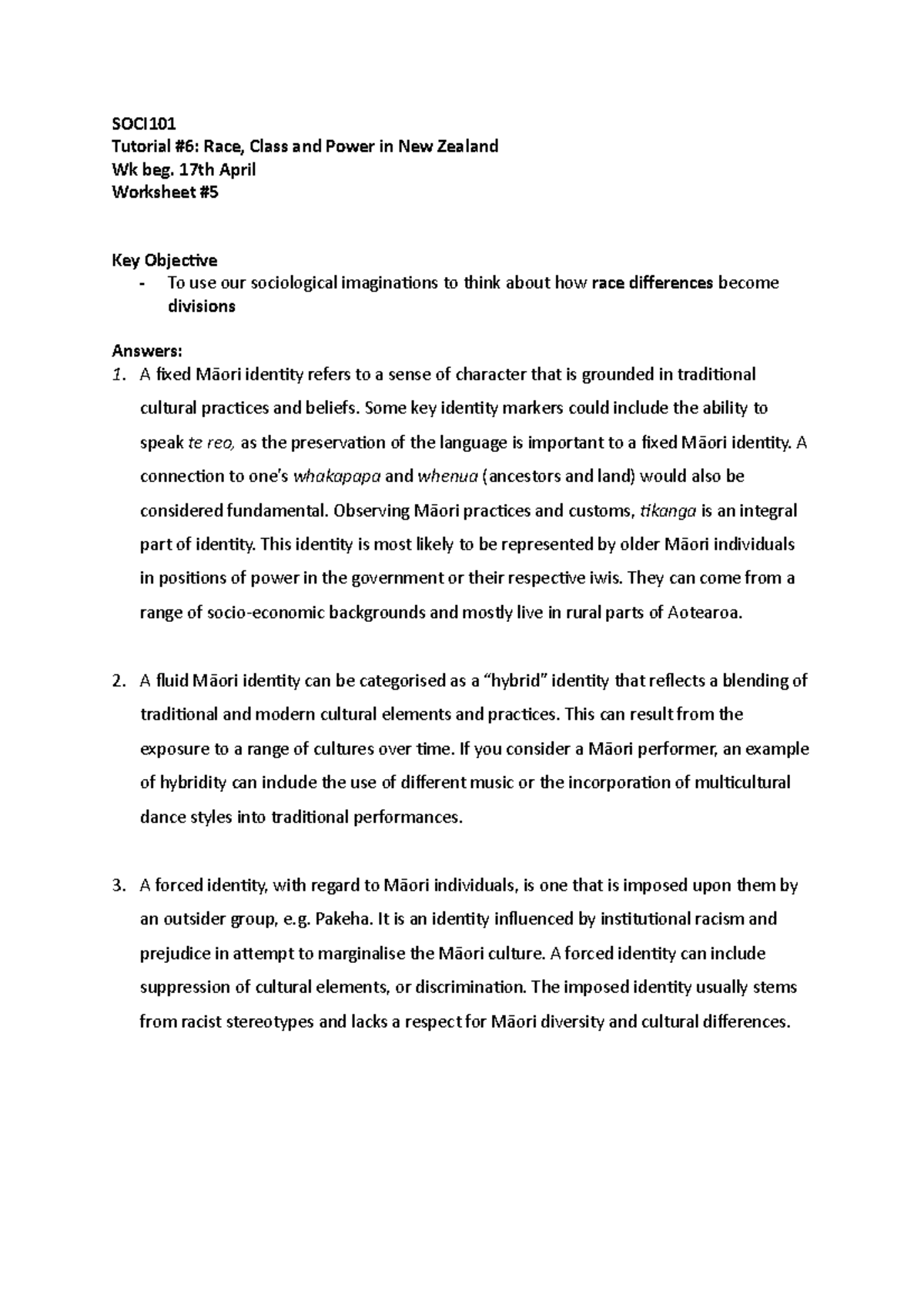 SOCI101 Tutorial Worksheet#5 - SOCI Tutorial #6: Race, Class and Power ...
