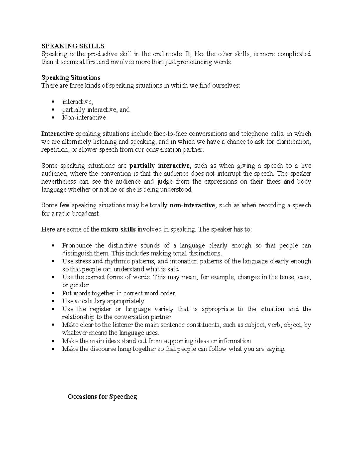 HO 9 Speaking Skills: Understanding Speaking Situations and Techniques ...