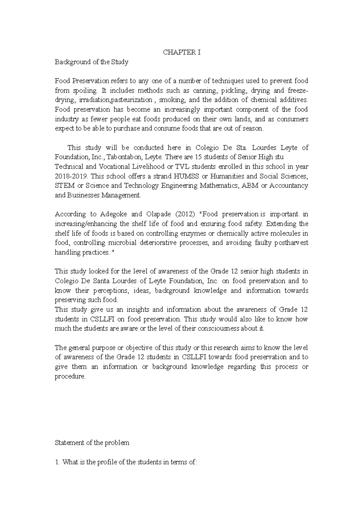 Csllfi Research Paper: Grade 12 Students' Awareness on Food ...