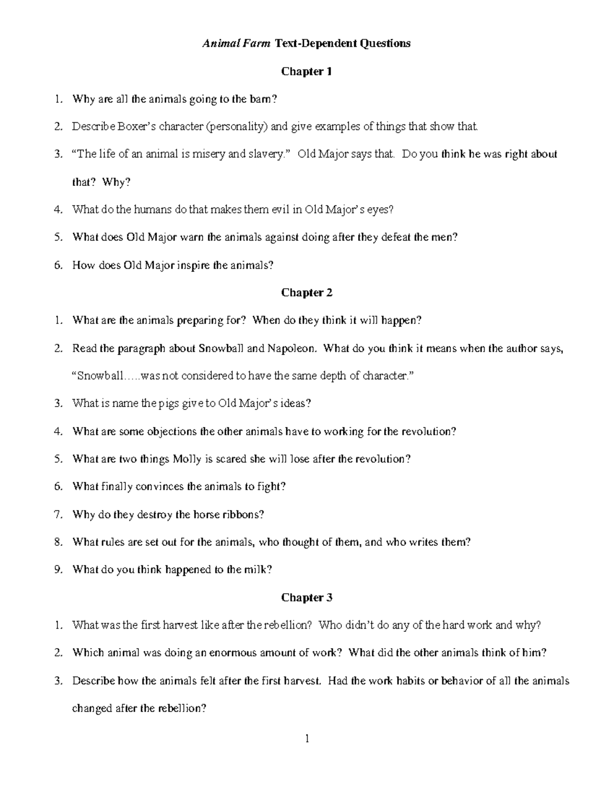 Animal Farm (ENG 101) Chapter Comprehension Questions & Review Notes ...