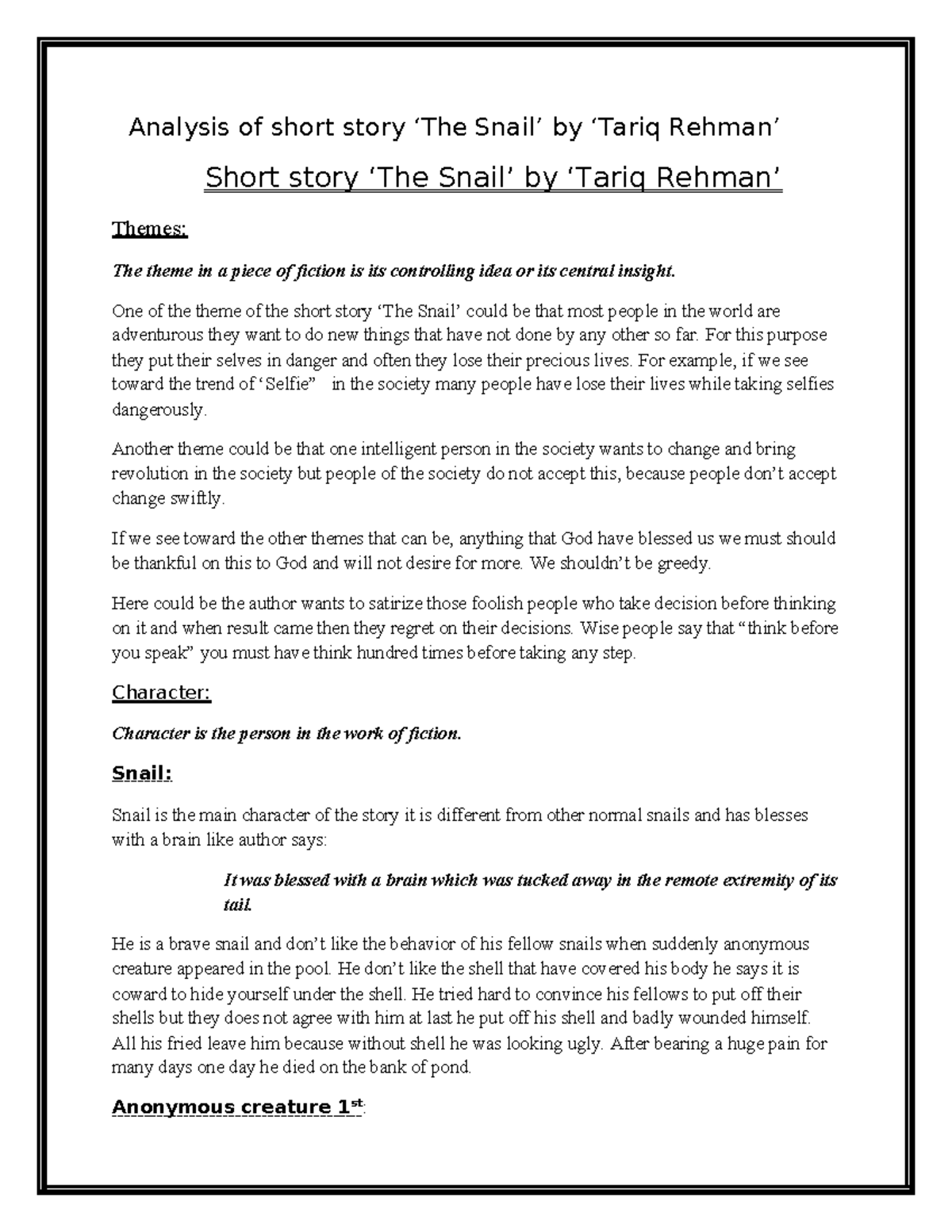 Analysis of Short Story: The Snail (ENG 101) - Studocu