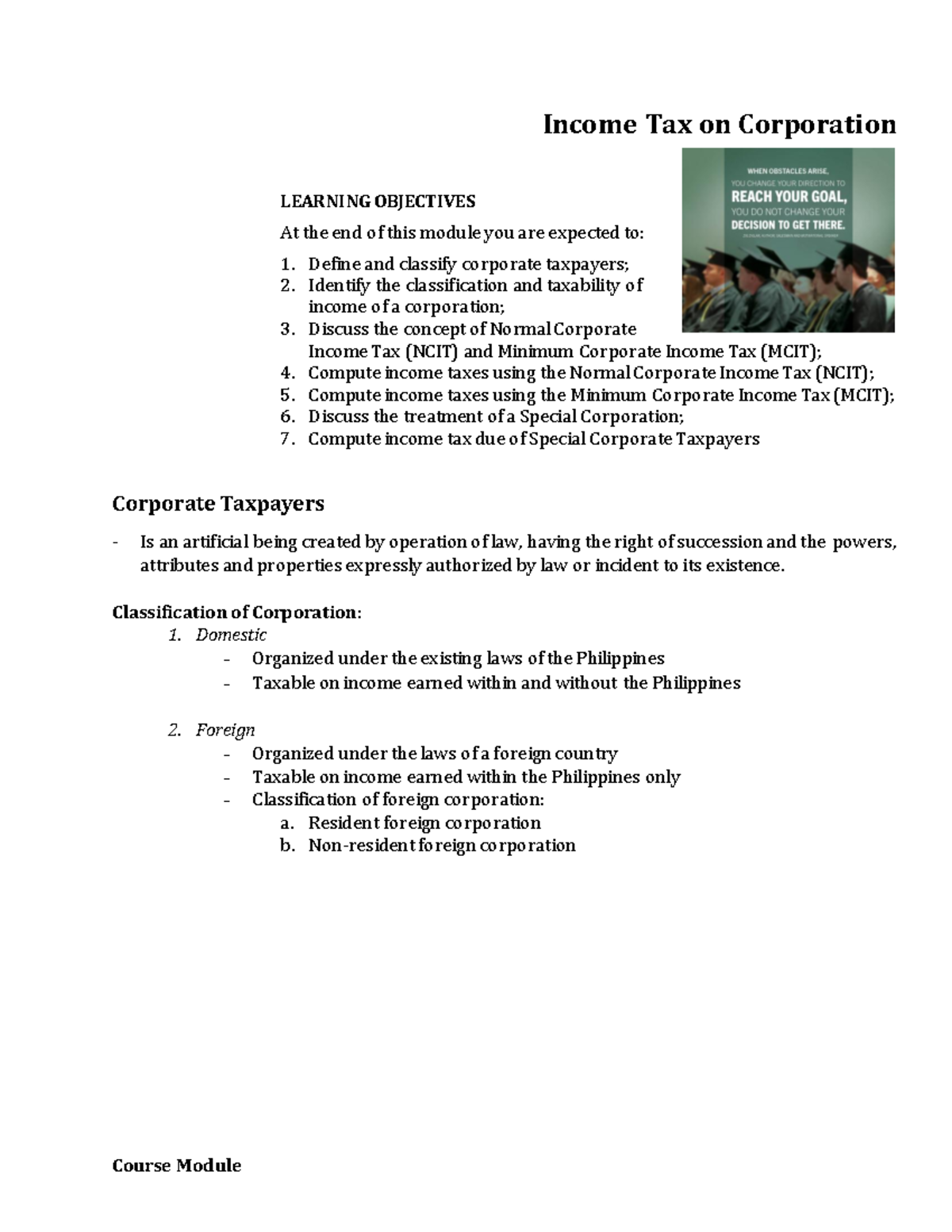 11. W4-Module Income Tax on Corporation - Course Module Income Tax on ...