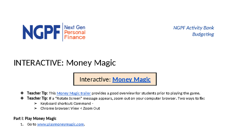 NGPF Activity Bank: Interactive Money Magic Game Reflection - Studocu