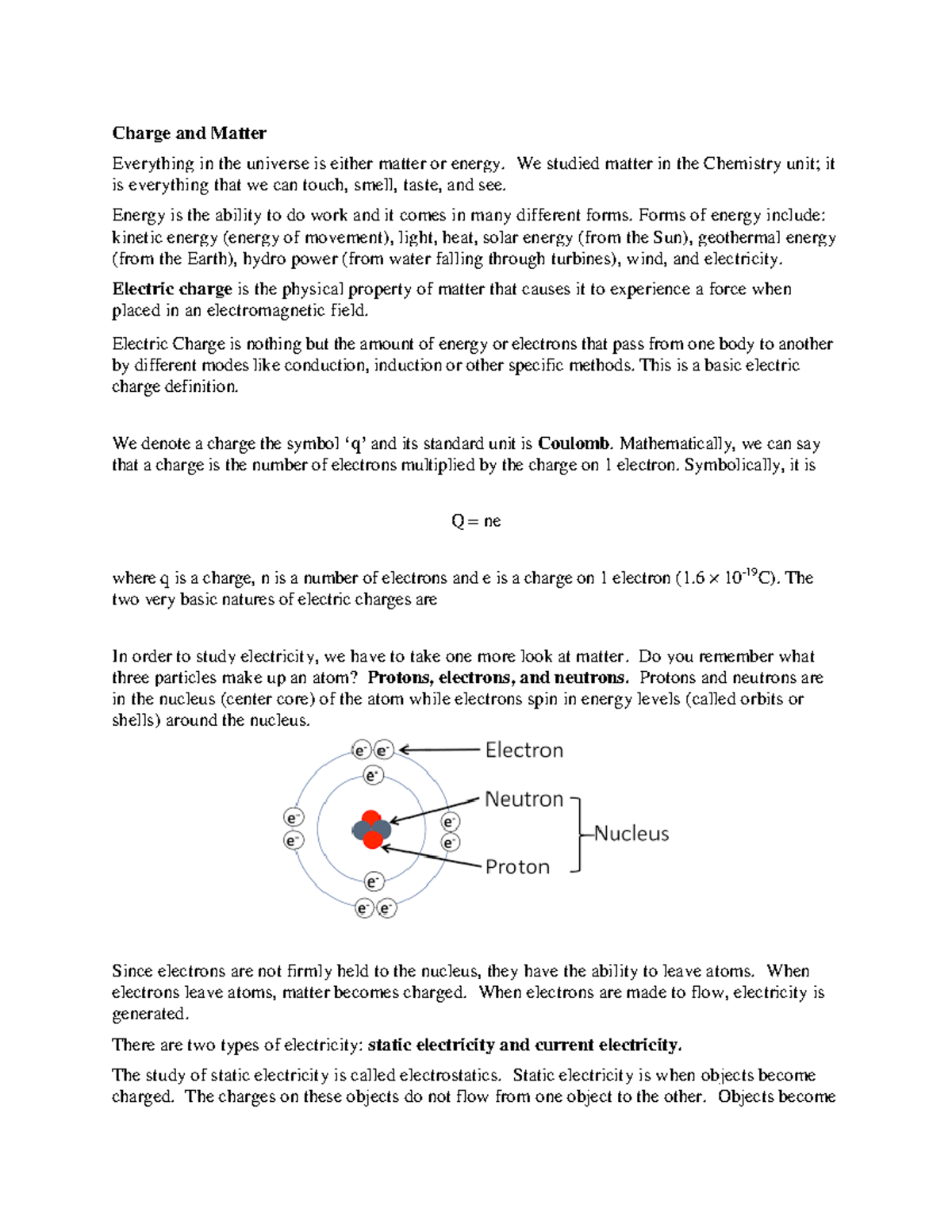 Charge and Matter - Lecture Notes 1: Understanding Electricity - Studocu