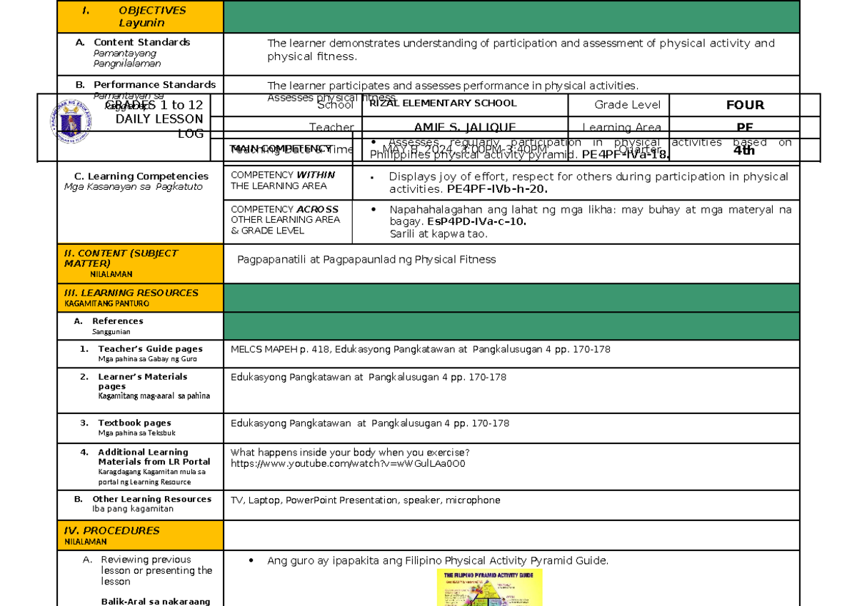 Lesson Plan for 4th Quarter PE (Grade 4) by Amie S. Jalique - Studocu