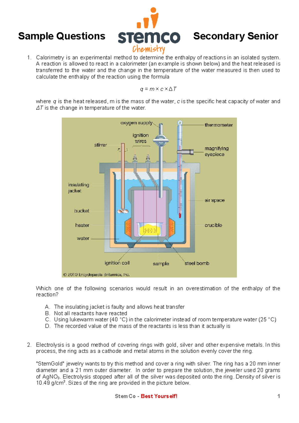 Sample Questions for Secondary Senior Chemistry (Chemi Co-SS) - Studocu