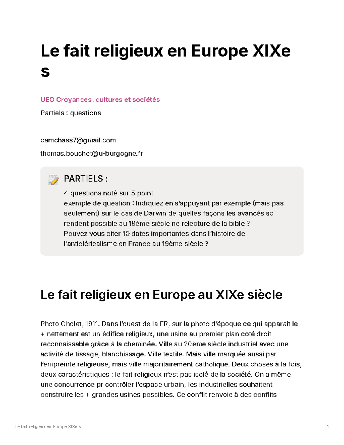 Le fait religieux en Europe au XIXe siècle - UEO Partiels - Studocu