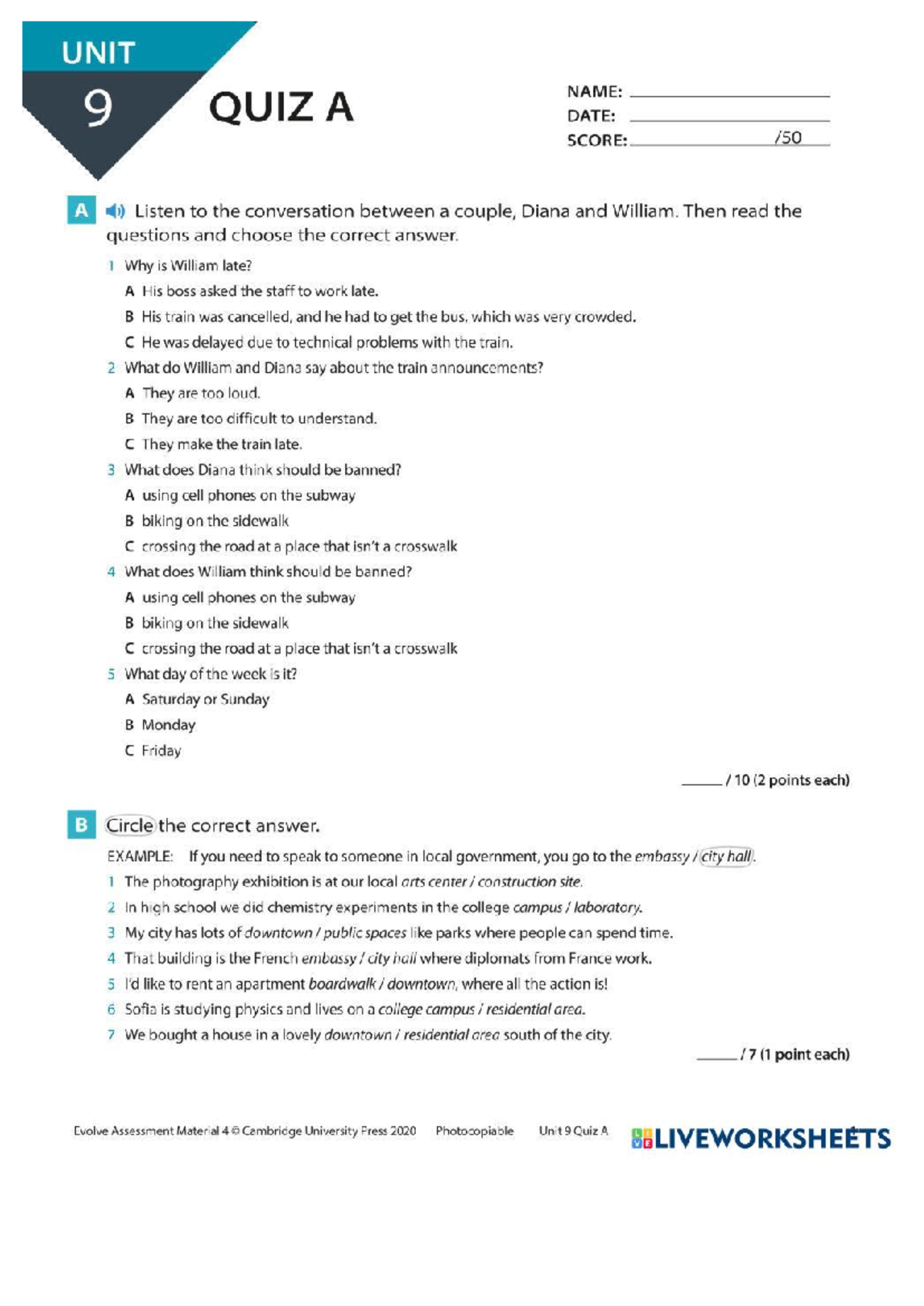 Quiz A: Listening Comprehension & Language Skills - Worksheet 7560188 ...